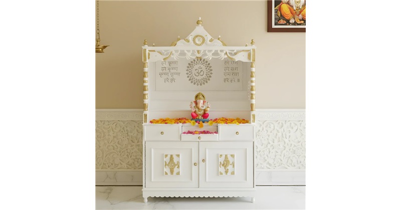 White & Gold Wooden Pooja Mandir UK 48x23x63 Inches | Mandir For Home